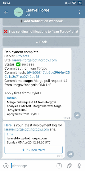 GitHub - itorgov/laravel-forge-bot: It is a chat bot for Telegram. It helps you manage your ...